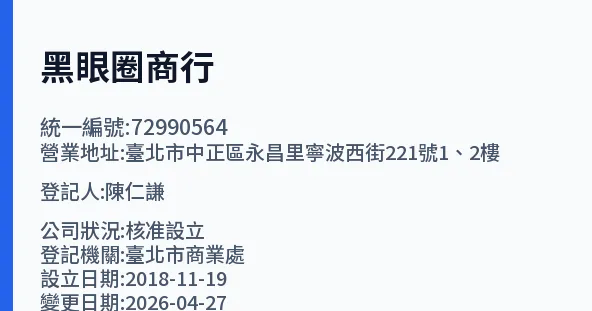 黑眼圈商行的照片-統編 72990564(臺北市) 公司登記資料與營業項目詳細圖表