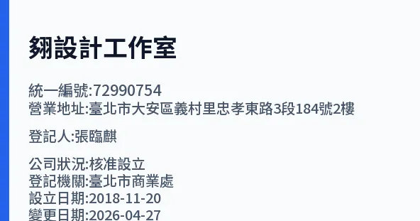 翗設計工作室的照片-統編 72990754(臺北市) 公司登記資料與營業項目詳細圖表