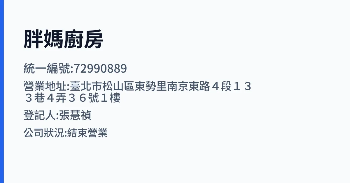胖媽廚房 - 統編 72990889(臺北市) 公司登記資料與營業項目詳細圖表