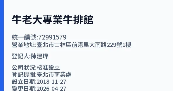 牛老大專業牛排館的照片-統編 72991579(臺北市) 公司登記資料與營業項目詳細圖表