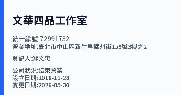文華四品工作室的照片-統編 72991732(臺北市) 公司登記資料與營業項目詳細圖表