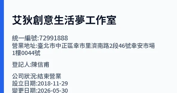 艾狄創意生活夢工作室的照片-統編 72991888(臺北市) 公司登記資料與營業項目詳細圖表