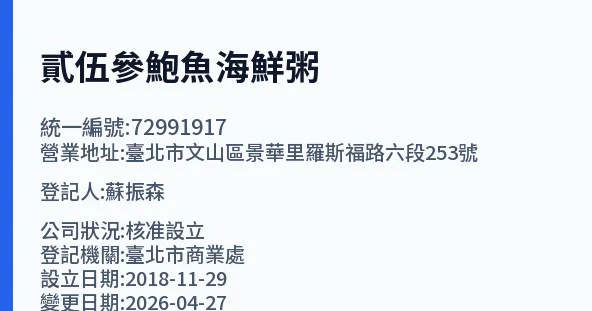 貳伍參鮑魚海鮮粥的照片-統編 72991917(臺北市) 公司登記資料與營業項目詳細圖表