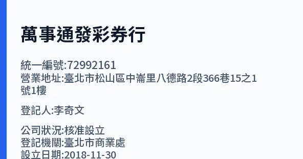 萬事通發彩券行的照片-統編 72992161(臺北市) 公司登記資料與營業項目詳細圖表