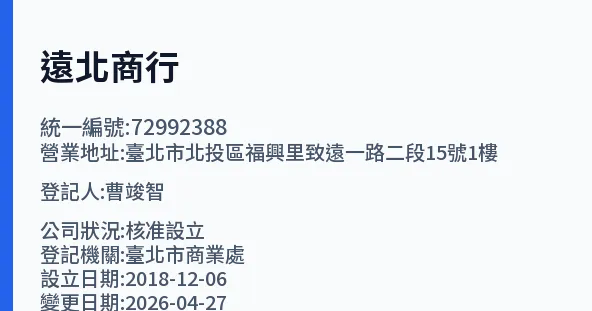遠北商行的照片-統編 72992388(臺北市) 公司登記資料與營業項目詳細圖表