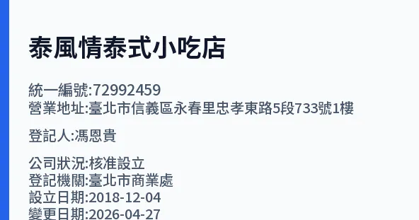 泰風情泰式小吃店的照片-統編 72992459(臺北市) 公司登記資料與營業項目詳細圖表