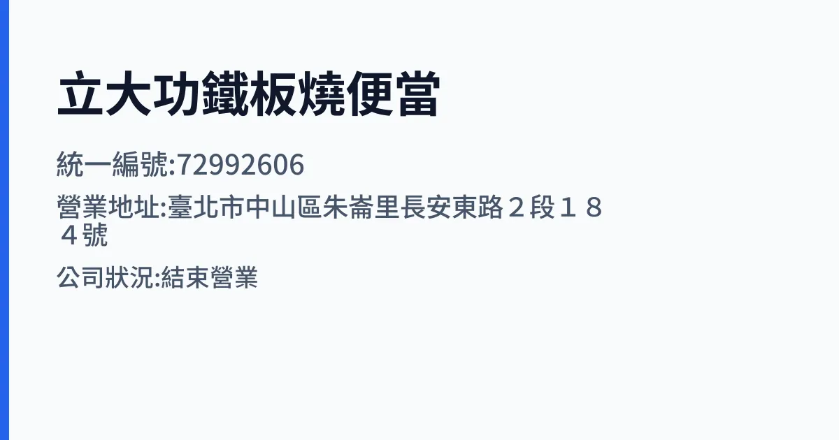 立大功鐵板燒便當 - 統編 72992606(臺北市) 公司登記資料與營業項目詳細圖表