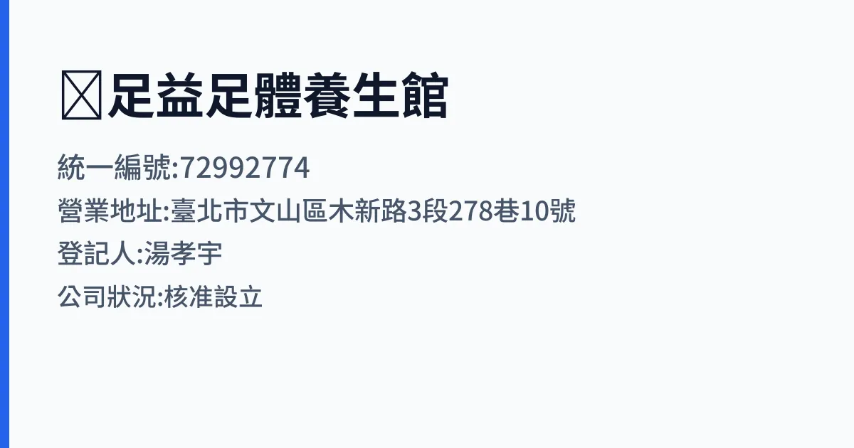 恏足益足體養生館 - 統編 72992774(臺北市) 公司登記資料與營業項目詳細圖表