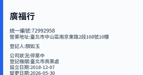 廣福行的照片-統編 72992958(臺北市) 公司登記資料與營業項目詳細圖表
