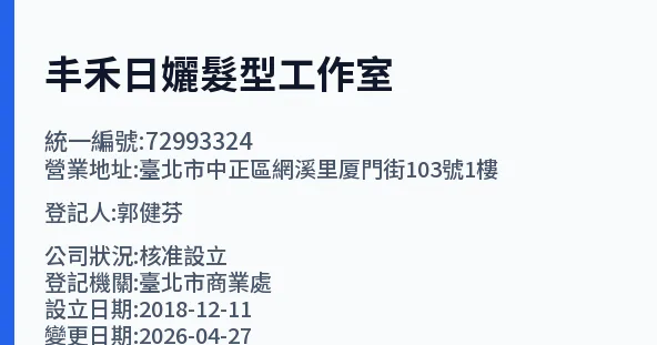 丰禾日孋髮型工作室的照片-統編 72993324(臺北市) 公司登記資料與營業項目詳細圖表