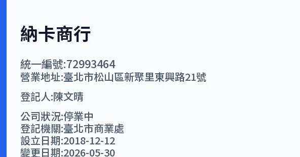 納卡商行的照片-統編 72993464(臺北市) 公司登記資料與營業項目詳細圖表