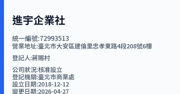 進宇企業社的照片-統編 72993513(臺北市) 公司登記資料與營業項目詳細圖表