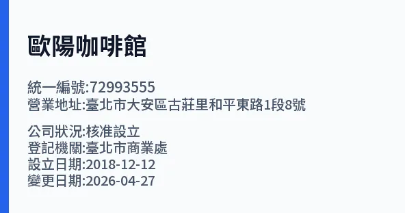 歐陽咖啡館的照片-統編 72993555(臺北市) 公司登記資料與營業項目詳細圖表