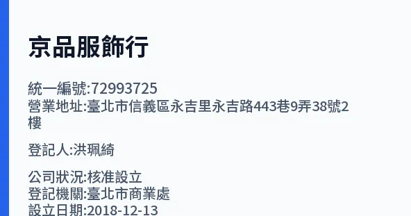 京品服飾行的照片-統編 72993725(臺北市) 公司登記資料與營業項目詳細圖表