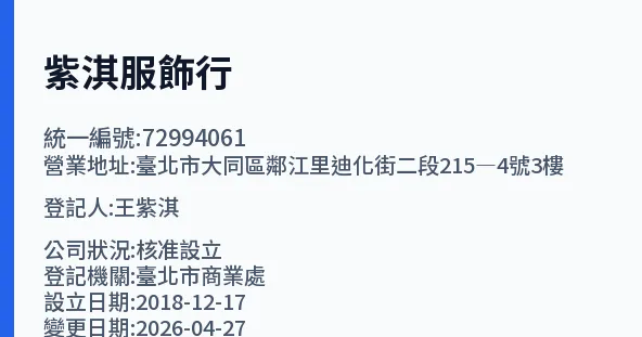 紫淇服飾行的照片-統編 72994061(臺北市) 公司登記資料與營業項目詳細圖表