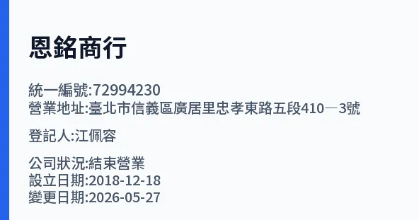 恩銘商行的照片-統編 72994230(臺北市) 公司登記資料與營業項目詳細圖表