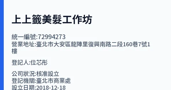 上上籤美髮工作坊的照片-統編 72994273(臺北市) 公司登記資料與營業項目詳細圖表