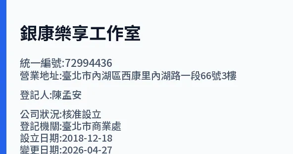 銀康樂享工作室的照片-統編 72994436(臺北市) 公司登記資料與營業項目詳細圖表