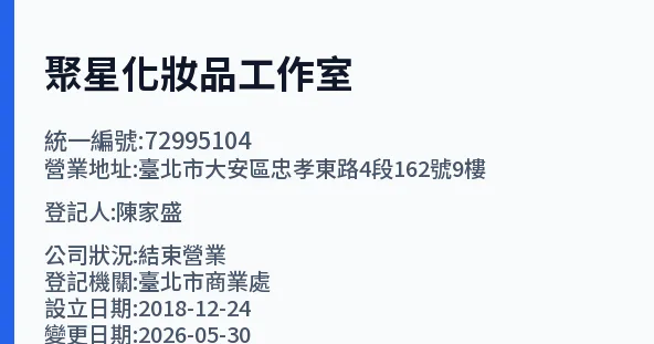 聚星化妝品工作室的照片-統編 72995104(臺北市) 公司登記資料與營業項目詳細圖表