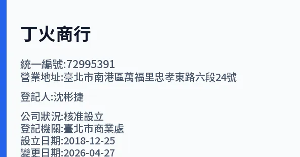 丁火商行的照片-統編 72995391(臺北市) 公司登記資料與營業項目詳細圖表
