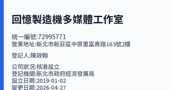 回憶製造機多媒體工作室的照片-統編 72995771(新北市) 公司登記資料與營業項目詳細圖表