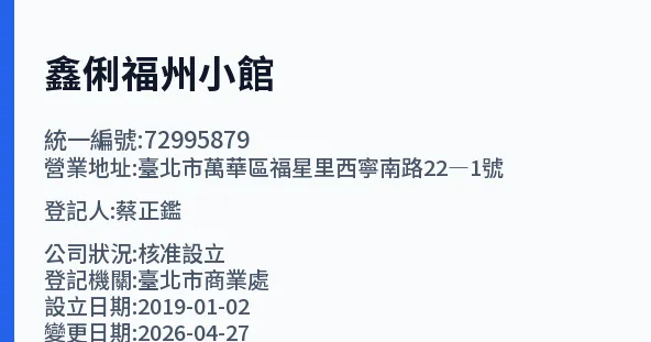 鑫俐福州小館的照片-統編 72995879(臺北市) 公司登記資料與營業項目詳細圖表