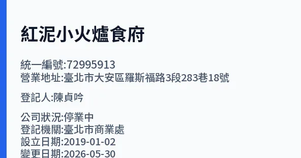 紅泥小火爐食府的照片-統編 72995913(臺北市) 公司登記資料與營業項目詳細圖表