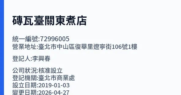 磚瓦臺關東煮店的照片-統編 72996005(臺北市) 公司登記資料與營業項目詳細圖表