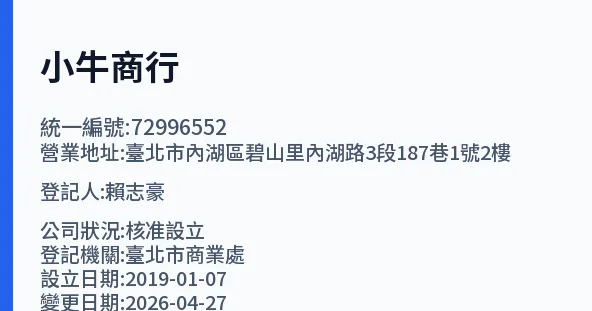 小牛商行的照片-統編 72996552(臺北市) 公司登記資料與營業項目詳細圖表