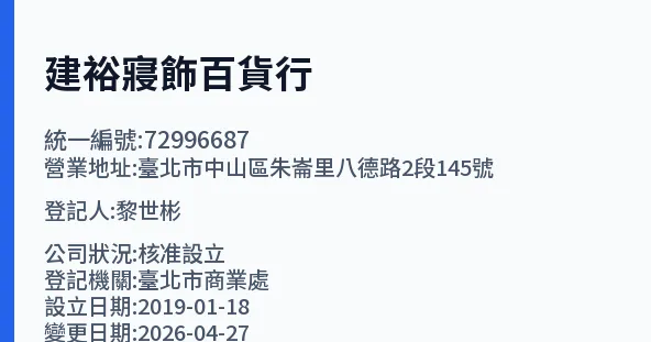 建裕寢飾百貨行的照片-統編 72996687(臺北市) 公司登記資料與營業項目詳細圖表