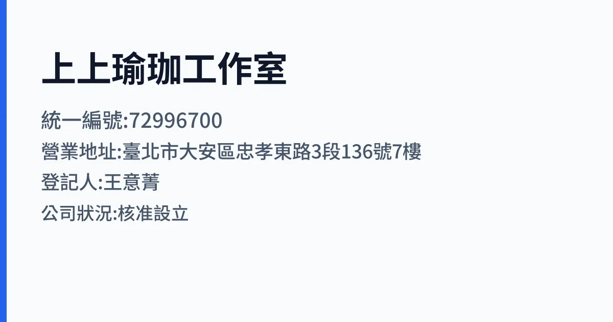 上上瑜珈工作室 - 統編 72996700(臺北市) 公司登記資料與營業項目詳細圖表