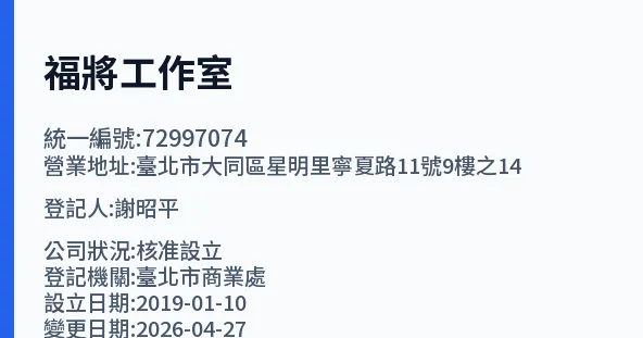 福將工作室的照片-統編 72997074(臺北市) 公司登記資料與營業項目詳細圖表