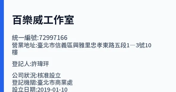 百樂威工作室的照片-統編 72997166(臺北市) 公司登記資料與營業項目詳細圖表