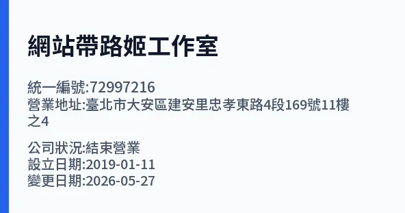 網站帶路姬工作室的照片-統編 72997216(臺北市) 公司登記資料與營業項目詳細圖表