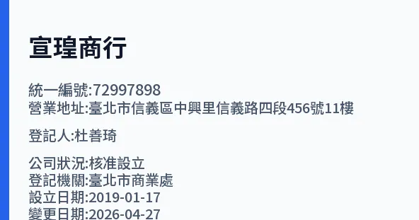 宣瑝商行的照片-統編 72997898(臺北市) 公司登記資料與營業項目詳細圖表