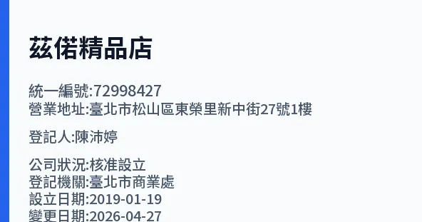 茲偌精品店的照片-統編 72998427(臺北市) 公司登記資料與營業項目詳細圖表