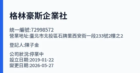 格林豪斯企業社的照片-統編 72998572(臺北市) 公司登記資料與營業項目詳細圖表