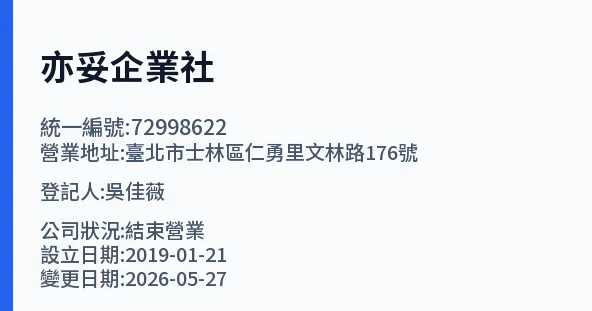 亦妥企業社的照片-統編 72998622(臺北市) 公司登記資料與營業項目詳細圖表