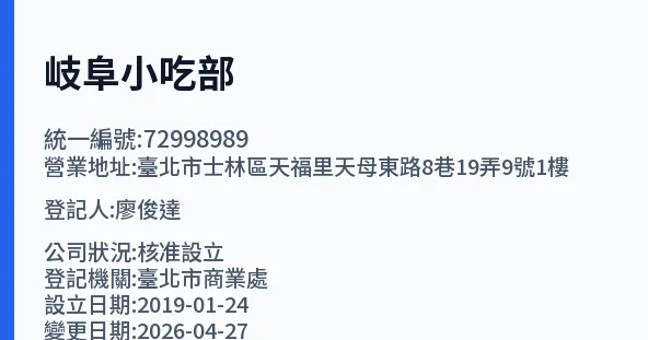 岐阜小吃部的照片-統編 72998989(臺北市) 公司登記資料與營業項目詳細圖表
