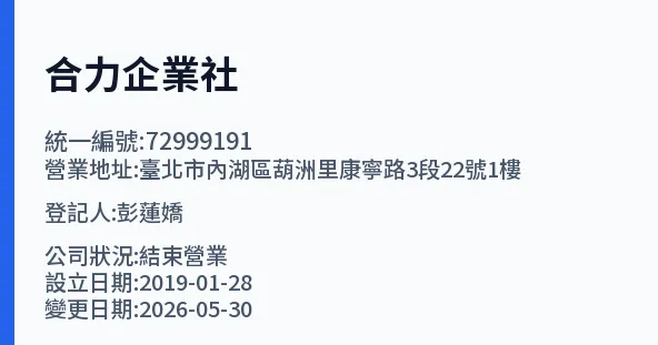 合力企業社的照片-統編 72999191(臺北市) 公司登記資料與營業項目詳細圖表