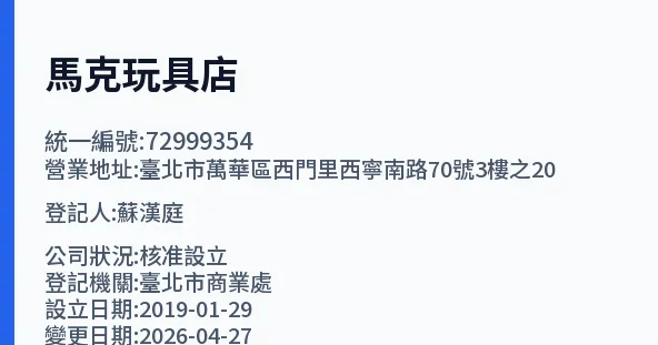 馬克玩具店的照片-統編 72999354(臺北市) 公司登記資料與營業項目詳細圖表