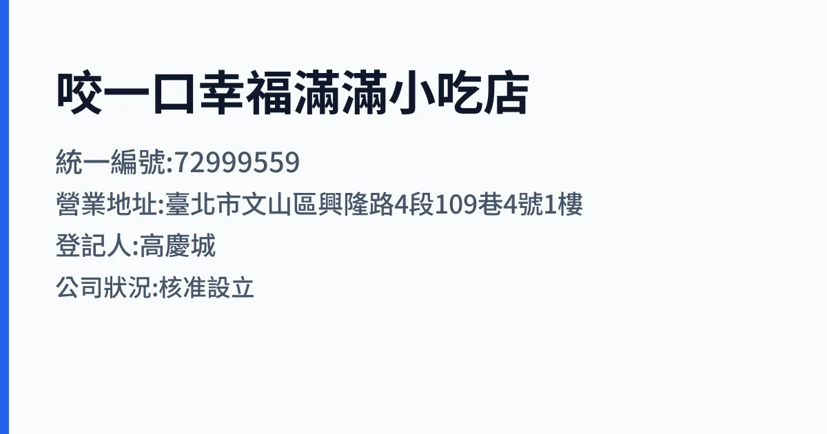 咬一口幸福滿滿小吃店 - 統編 72999559(臺北市) 公司登記資料與營業項目詳細圖表
