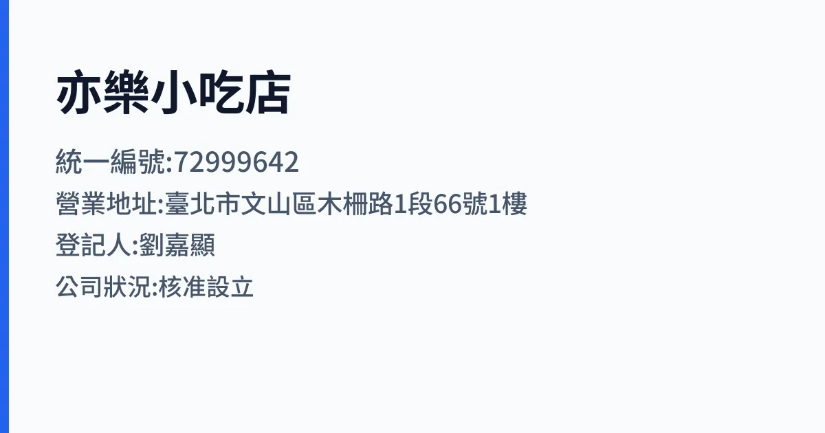 亦樂小吃店 - 統編 72999642(臺北市) 公司登記資料與營業項目詳細圖表