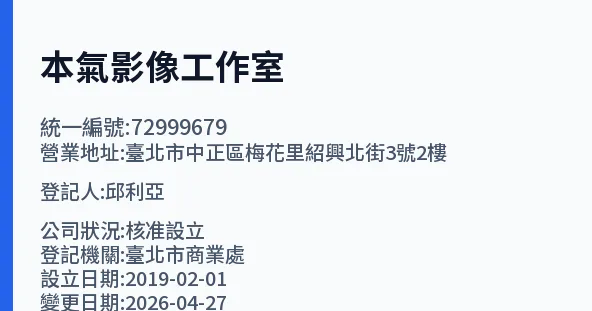 本氣影像工作室的照片-統編 72999679(臺北市) 公司登記資料與營業項目詳細圖表