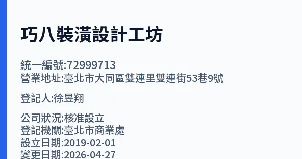 巧八裝潢設計工坊的照片-統編 72999713(臺北市) 公司登記資料與營業項目詳細圖表