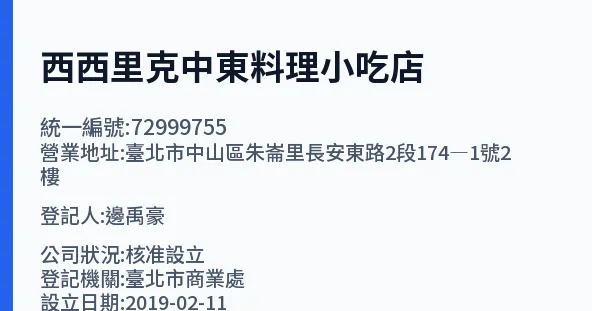 西西里克中東料理小吃店的照片-統編 72999755(臺北市) 公司登記資料與營業項目詳細圖表