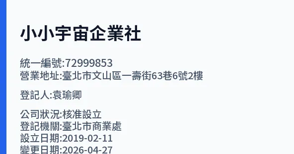 小小宇宙企業社的照片-統編 72999853(臺北市) 公司登記資料與營業項目詳細圖表