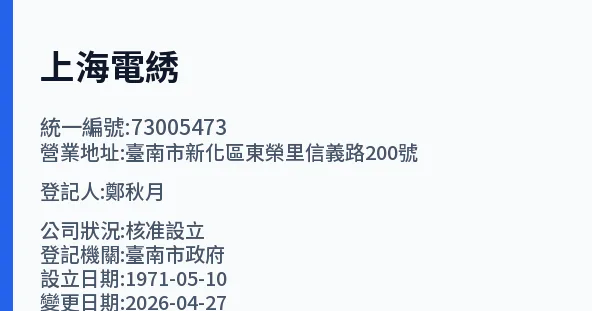 上海電綉的照片-統編 73005473(臺南市) 公司登記資料與營業項目詳細圖表