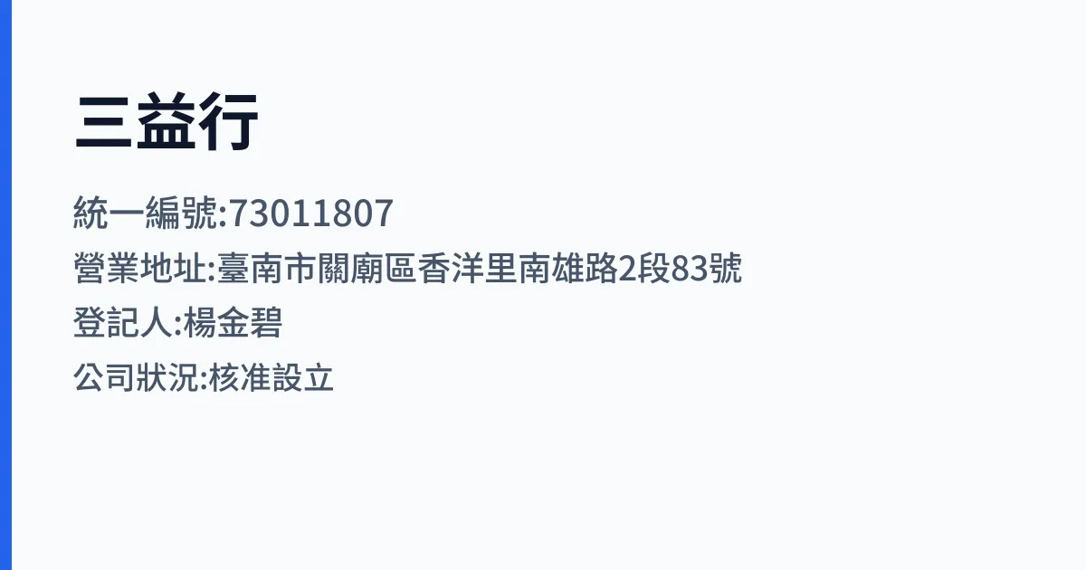 三益行 - 統編 73011807(臺南市) 公司登記資料與營業項目詳細圖表