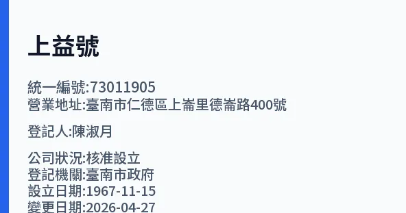 上益號的照片-統編 73011905(臺南市) 公司登記資料與營業項目詳細圖表